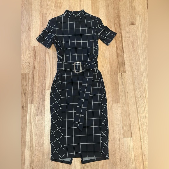 Zara | Dresses | Zara Mock Neck Grid Black White Checkered Belted Dress ...